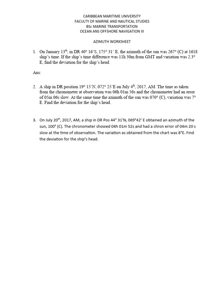 Azimuth Worksheet | PDF | Navigation | Compass