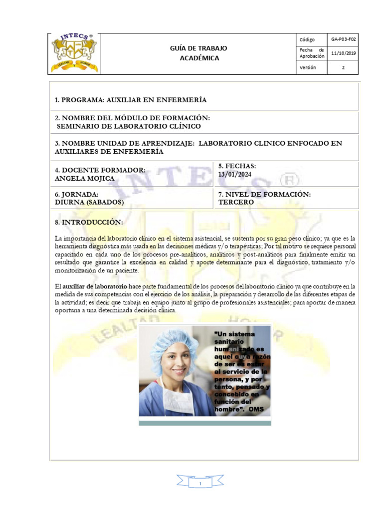 Guia de Trabajo Intecs Enero Febrero 2024 | PDF | Sangre | Infección