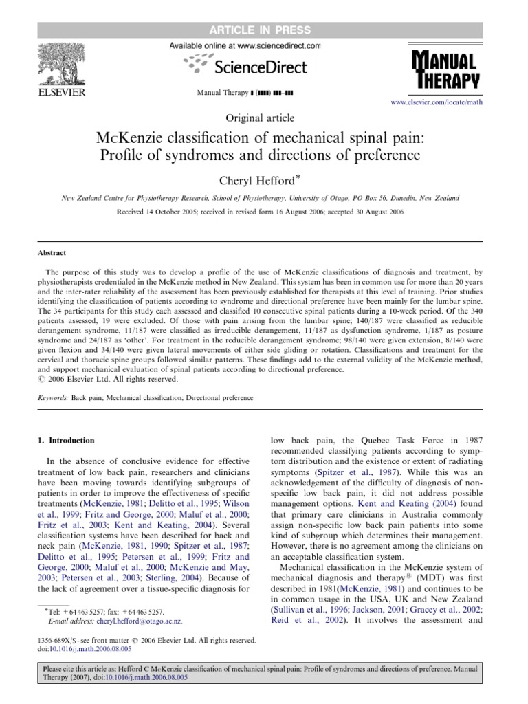 McKenzie Classification of Mechanical Spinal Pain | PDF | Physical ...