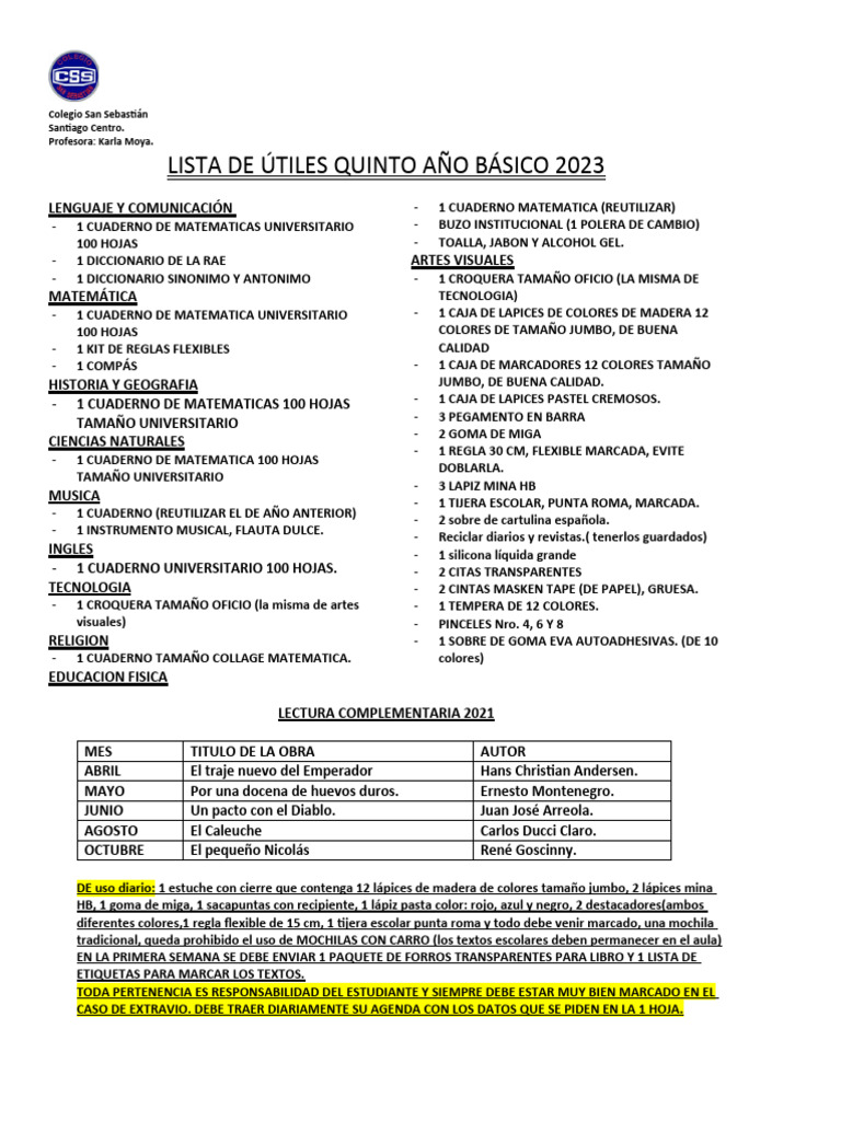 Lista de Ã Tiles 5â° Bã Sico 2023 | PDF | Lápiz