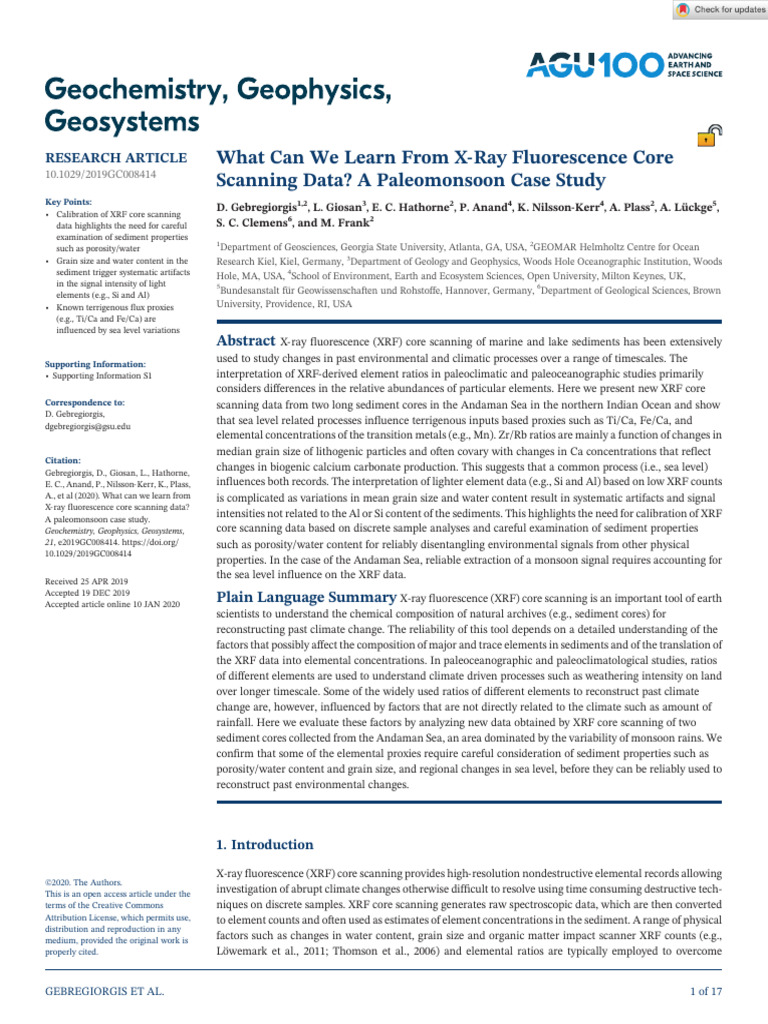 Geochem Geophys Geosyst - 2020 - Gebregiorgis - What Can We Learn From X Ray Fluorescence Core ...
