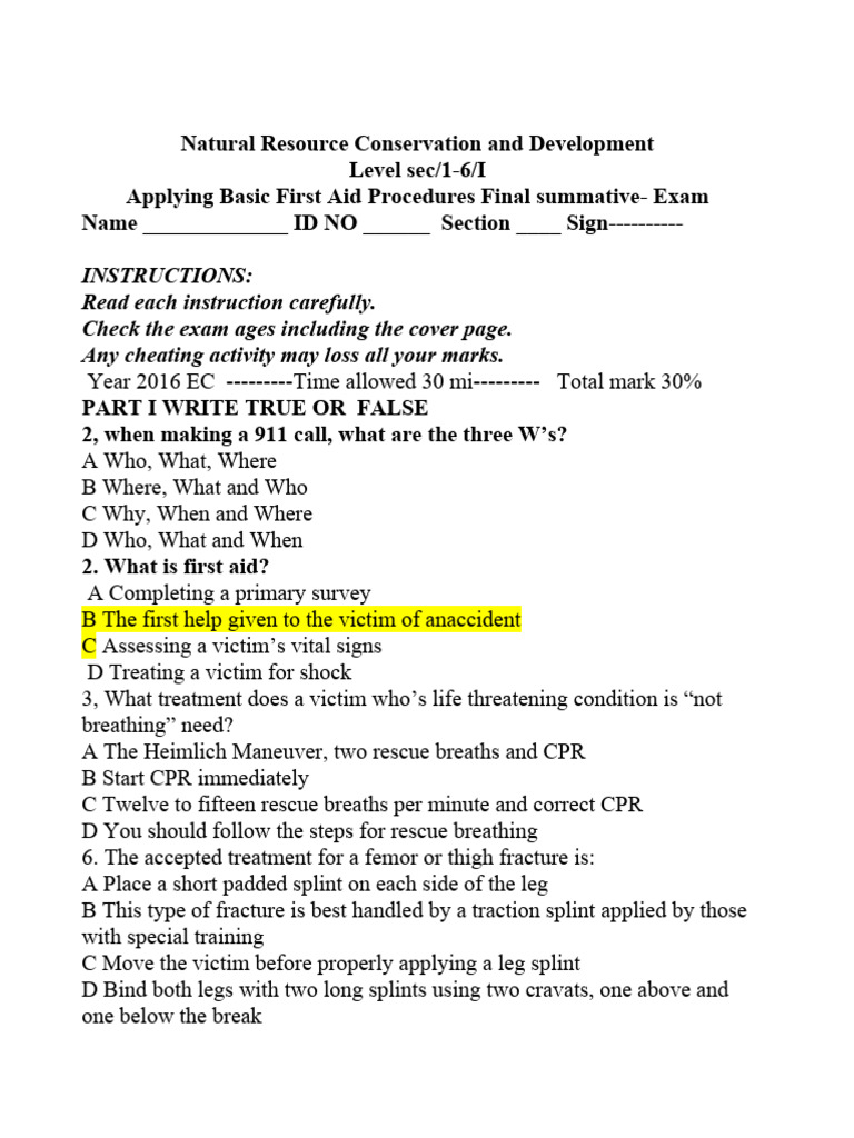 First Aid Exam 2016 | PDF | Cardiopulmonary Resuscitation | First Aid