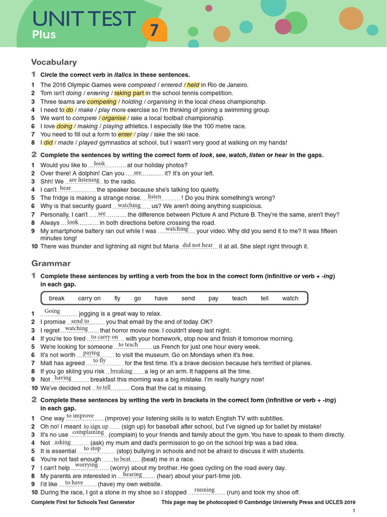 Complete First For Schools - Test Unit Test 7 (PLUS) | PDF