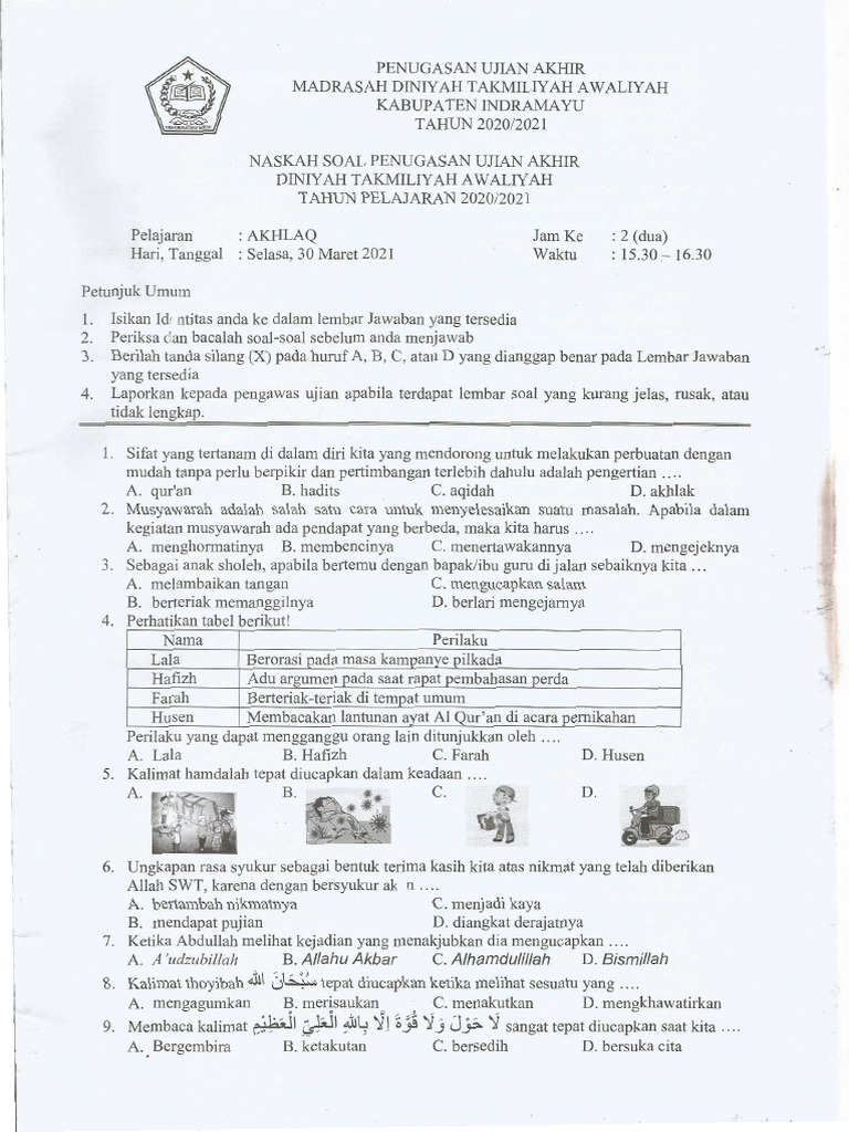 Uam Kelas 4 Mdta Mapel Akhlak Tahun 2020 2021 | PDF