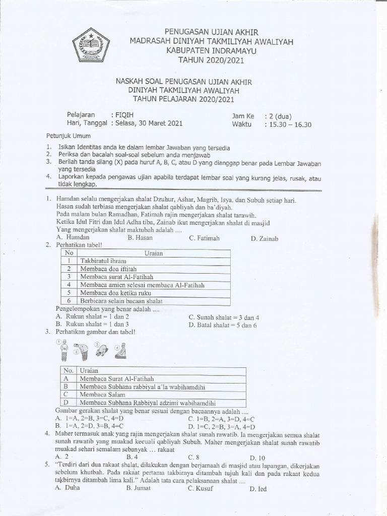 Uam Kelas 4 Mdta Mapel Fiqih Tahun 2020 2021 | PDF