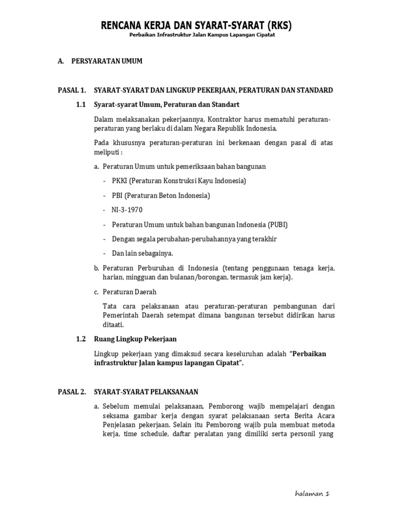 Rencana Kerja Dan Syarat-Syarat (RKS) : Perbaikan Infrastruktur Jalan ...