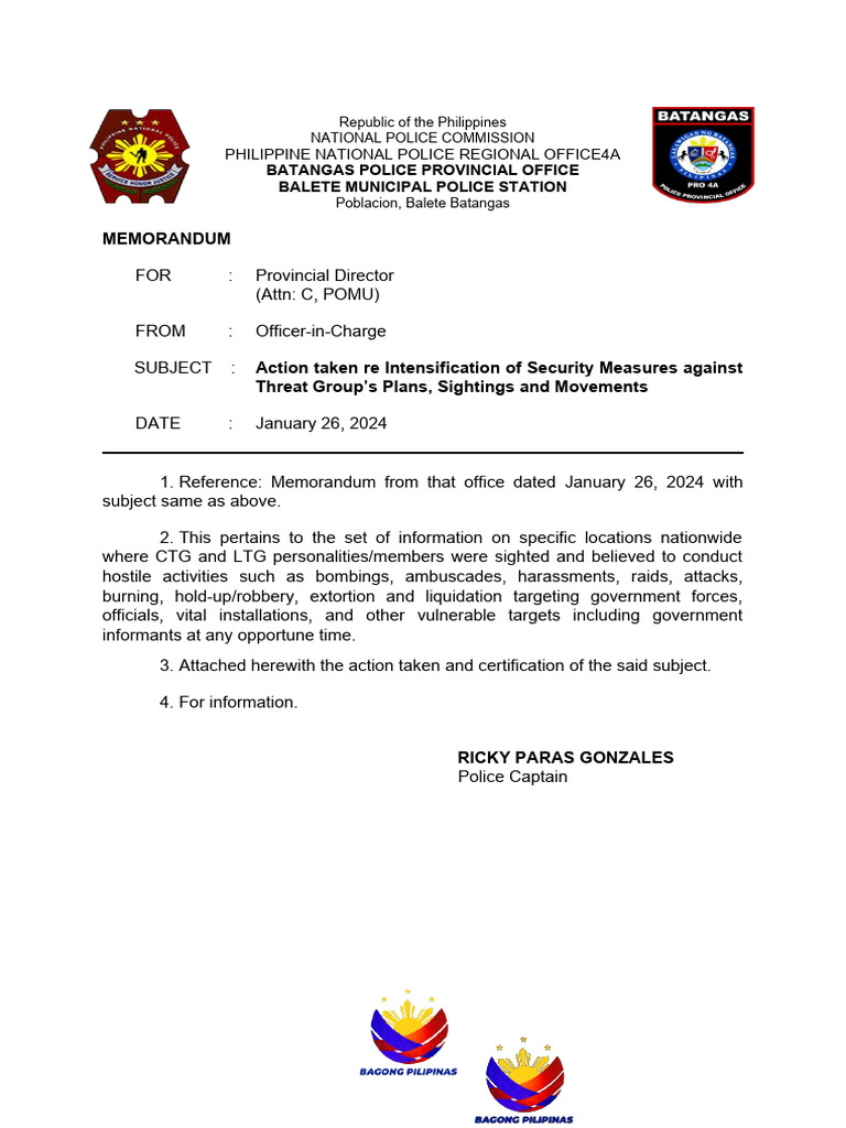 Action Taken Re Intensification of Security Measures Against Threat ...