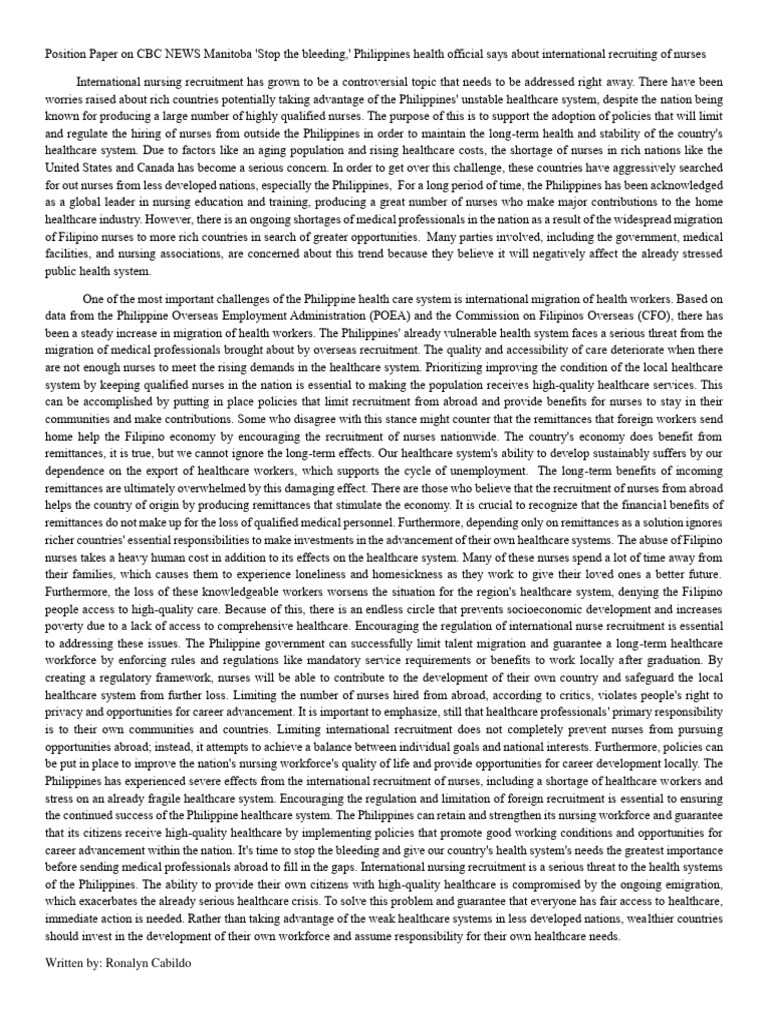 Cabildo - Final Requirement - Position Paper 1 | PDF | Nursing | Health ...