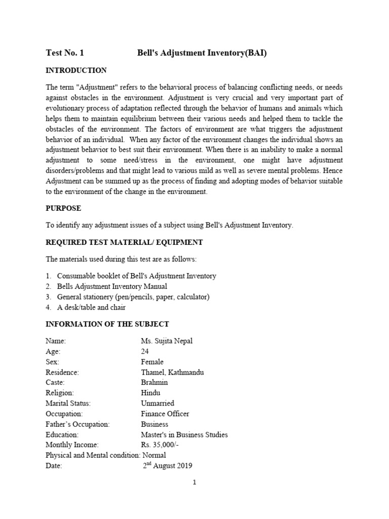 Bell's Adjustment Inventory Analysis | PDF | Behavior | Behavioural Sciences