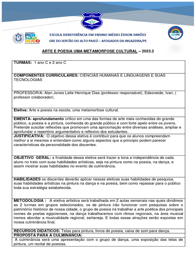 Modelo para Ementa Das Eletivas | PDF | Poesia | Danças