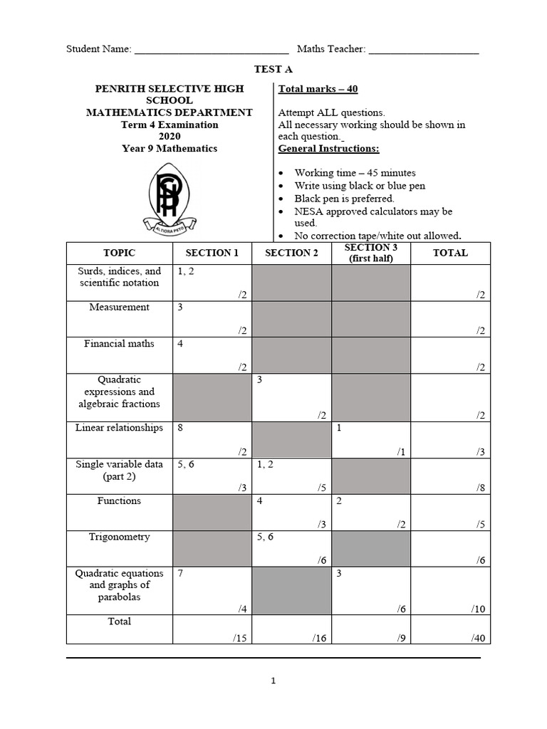 Year 9 Term 4 2020 Exam | PDF | Mathematics | Quadratic Equation