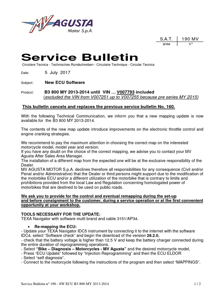 Service Bulletin: S.A.T. 190 MV | PDF | Motor Vehicle | Manufactured Goods