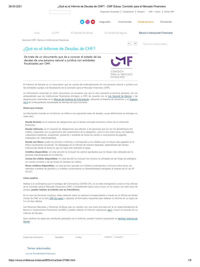 ¿Qué Es El Informe de Deudas de CMF - CMF Educa. Comisión para El Mercado Financiero | PDF ...