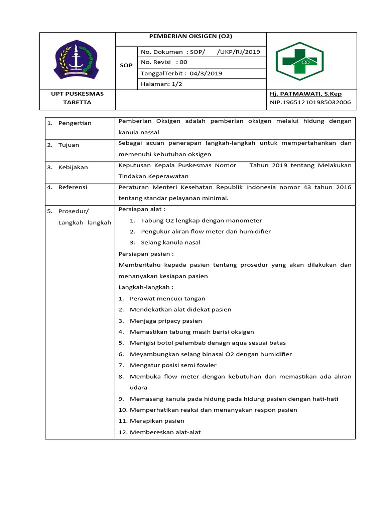 Sop PEMBERIAN OKSIGEN (O2) | PDF