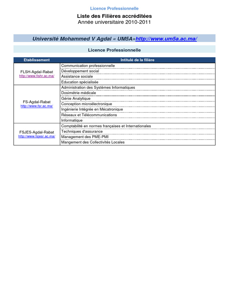 Liste des Licences Professionnelles 2010-2011 | PDF | Informatique ...