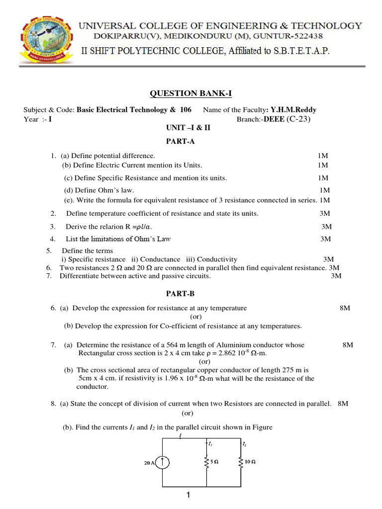 2023-24 Bet 106 Unit-1 Question Bank | Download Free PDF | Electrical Resistance And Conductance ...