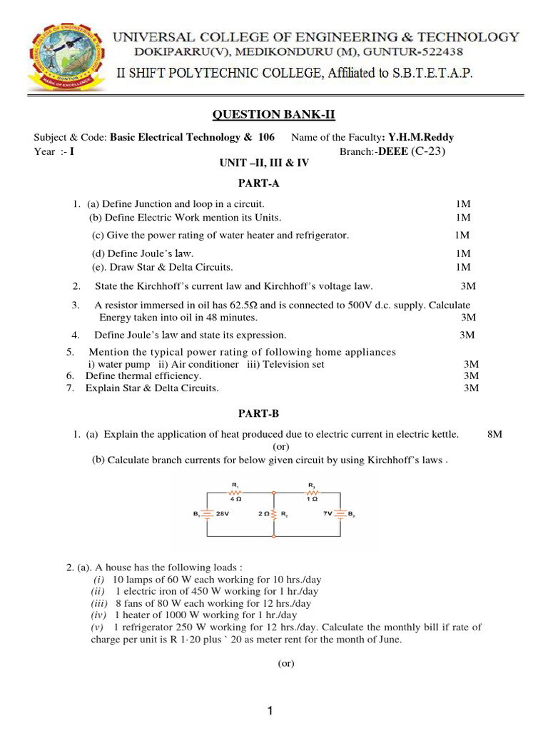 2023 Bet 106 Unit-2 Question Bank | PDF | Electric Motor | Resistor