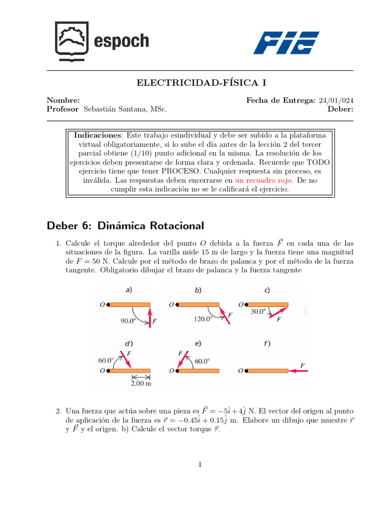 Ejercicios de Repaso Deber 6 Dinámica Rotacional | PDF | Esfuerzo de torsión | Fricción