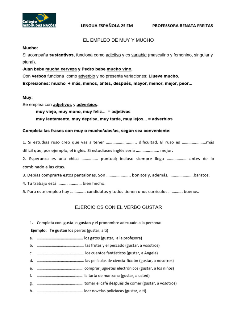 Exercícios Muy X Mucho - Verbo Gustar | PDF | Adjetivo | Adverbio