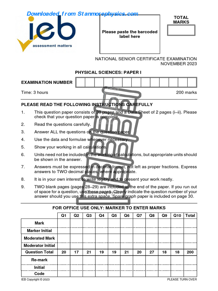IEB Physical Sciences Grade 12 November 2023 P1 Only | PDF | Force ...