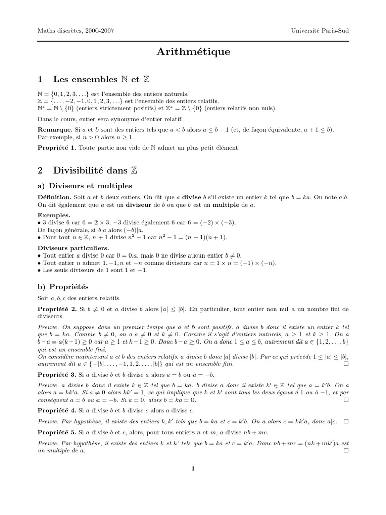 Cours Arithm 2006 | PDF | Entier naturel | Nombre premier