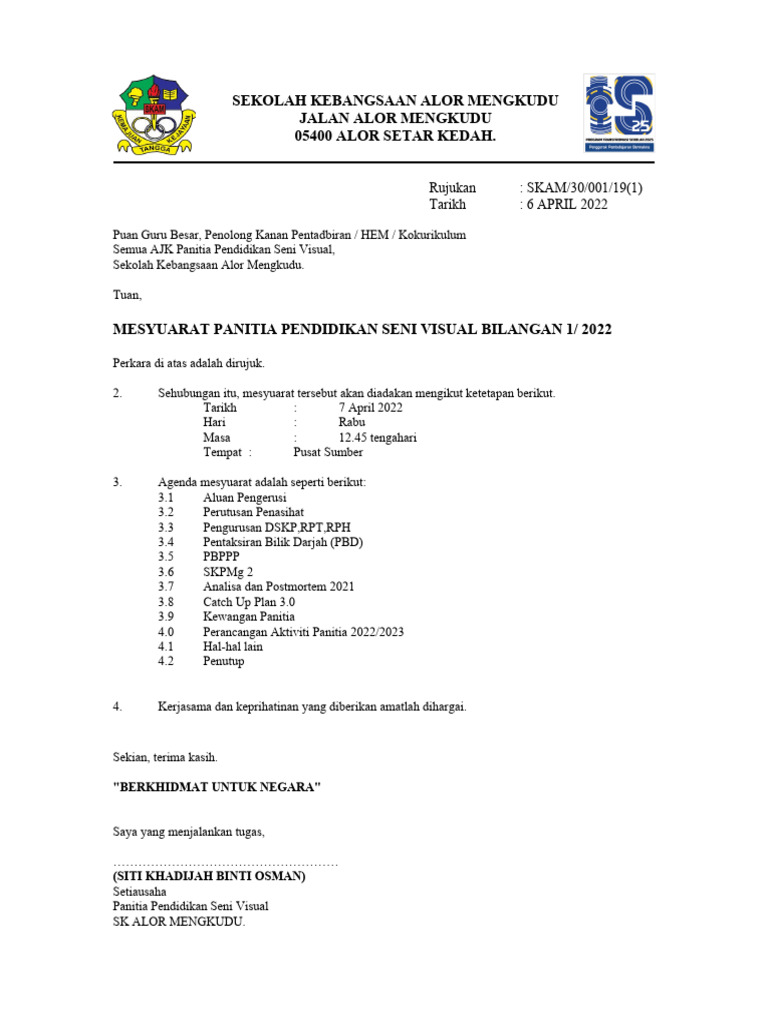 Surat Panggilan Mesyuarat Panitia PSV Kali 1 2022 - 23 | PDF