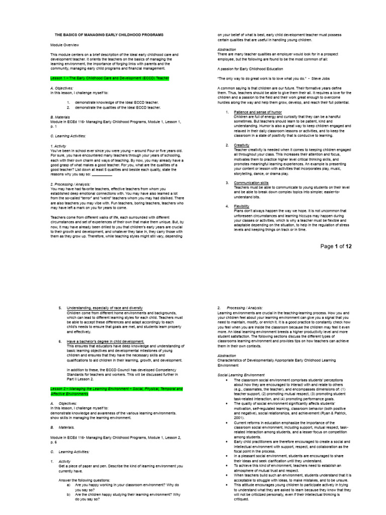 Management in Early Childhood: Module | PDF | Early Childhood Education ...