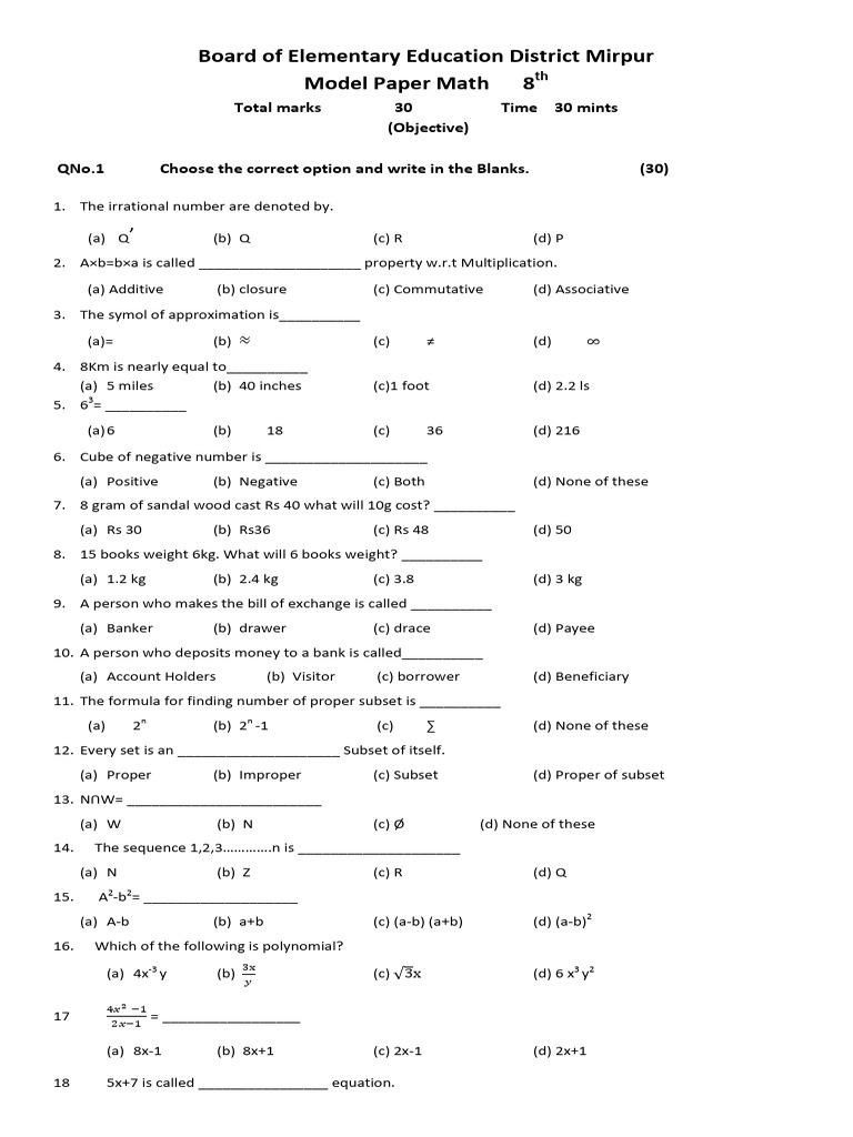 2024 Model Paper for 8th Grade Math | PDF | Mass Media | Social Media