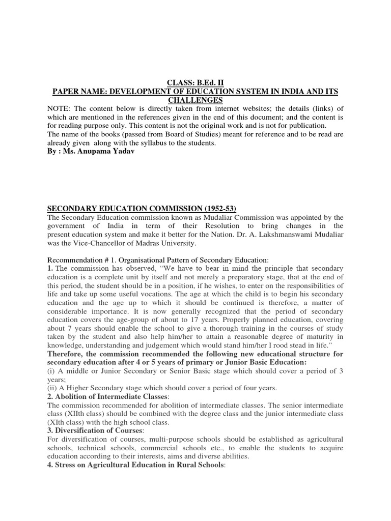 Mudaliar Commission Recommendations | PDF | Schools | Teachers