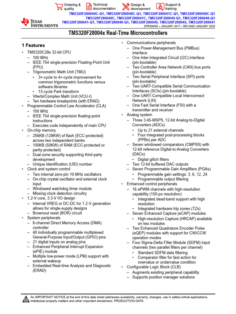 TMS320F28004x Real-Time Microcontrollers: 1 Features | PDF | Microcontroller | Analog To Digital ...
