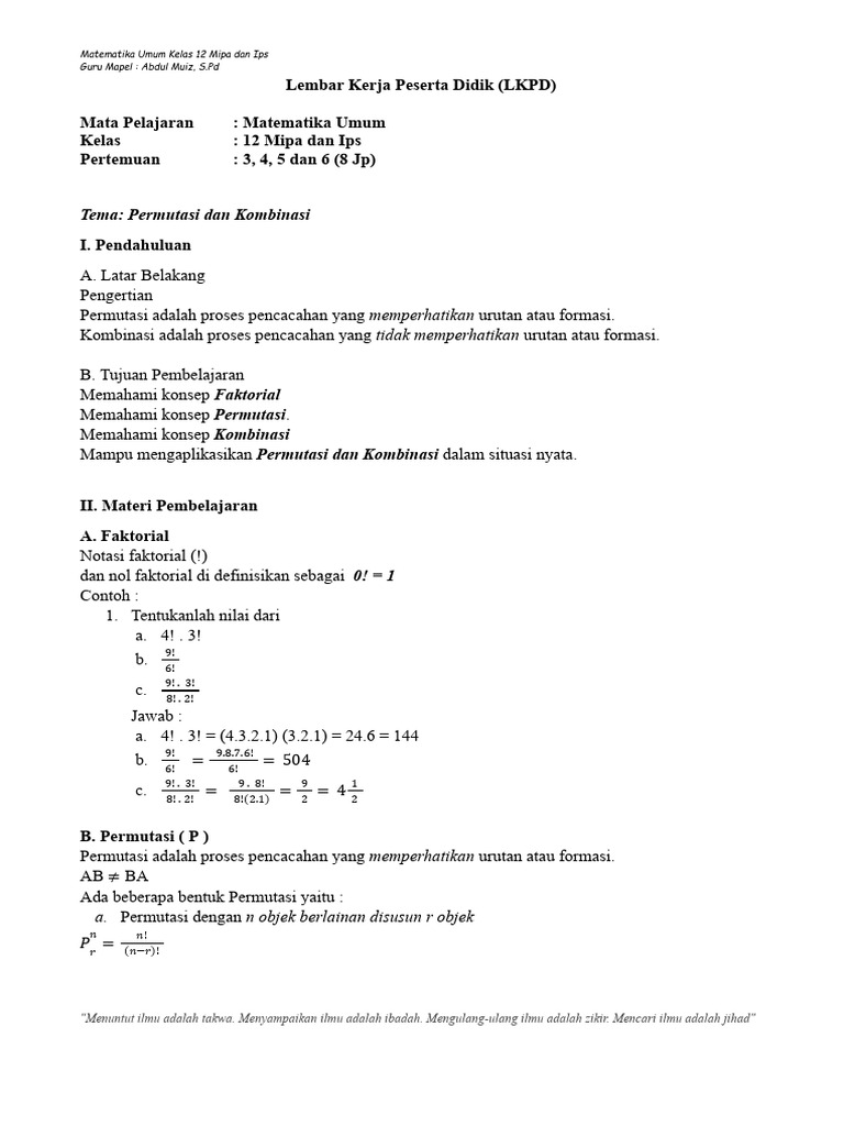 LKPD - Permutasi Dan Kombinasi | PDF | Metode & Bahan Ajar