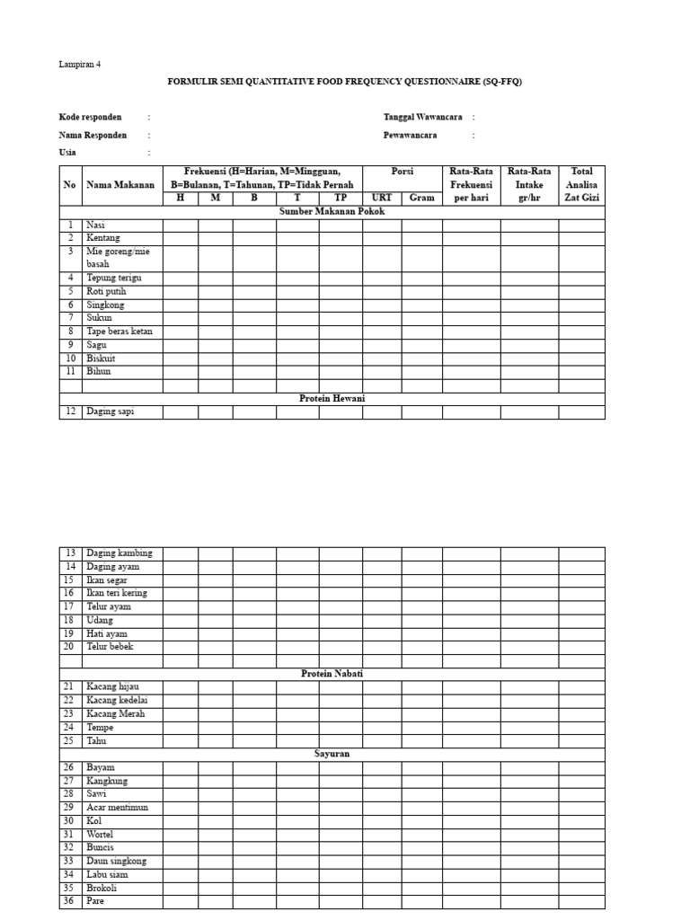 Semi Quantitative Food Frequency Form | PDF