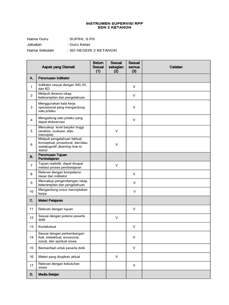 Instrumen Supervisi RPP | PDF