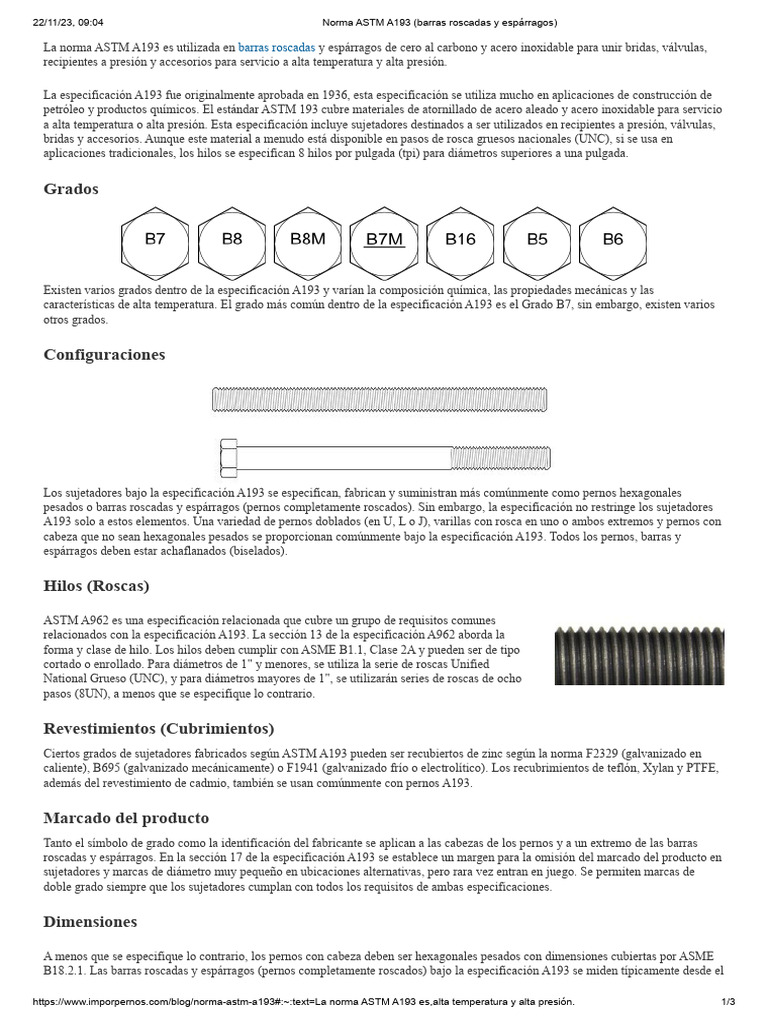 Norma ASTM A193 (Barras Roscadas y Espárragos) RESUMEN | PDF | Acero | Ingeniería mecánica