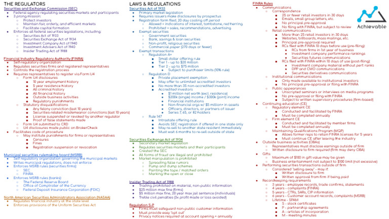 Achievable Series 7 Dump Sheet Cram Sheet Regulators Laws Rules | PDF ...