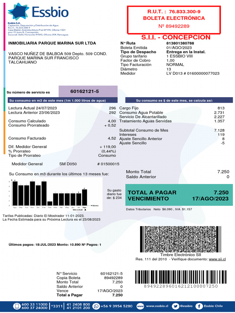 Boleta ESSBIO Agosto | PDF | Hidrología | Suministro de agua