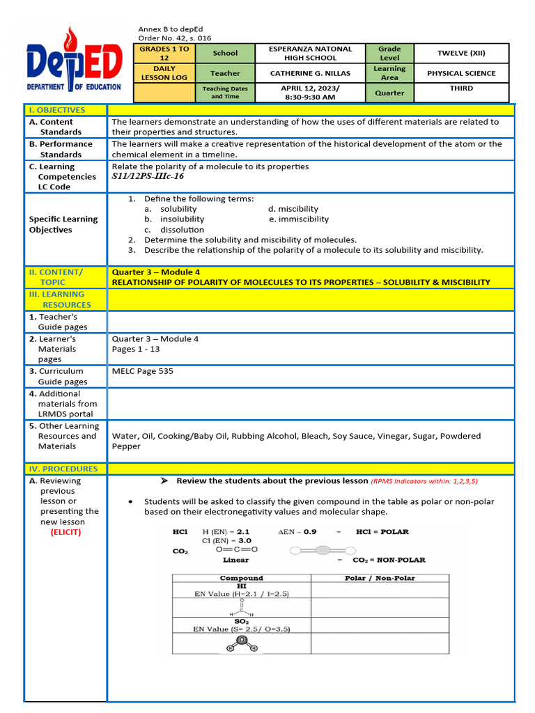 PHYSICAL SCIENCE - Lesson Plan On Solubility and Miscibility | PDF ... PHYSICAL SCIENCE - Lesson Plan On Solubility and Miscibility | PDF ...