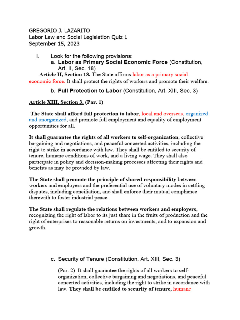 QUIZ 1 Constitutional Provision On The Protection of Labor | PDF ...