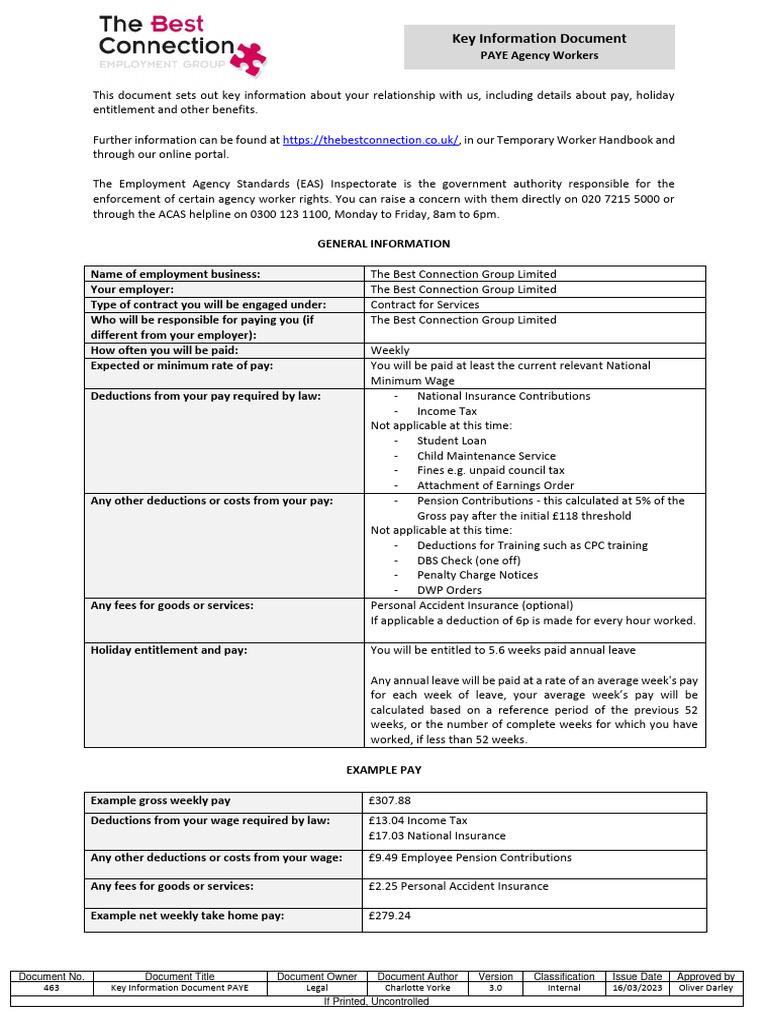 463 Key Information Document Paye | PDF | Employment | Tax Deduction