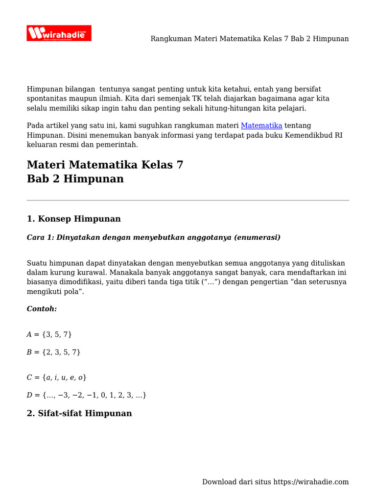 Rangkuman Materi Matematika Kelas 7 Bab 2 Himpunan | PDF | Metode & Bahan Ajar | Komputer