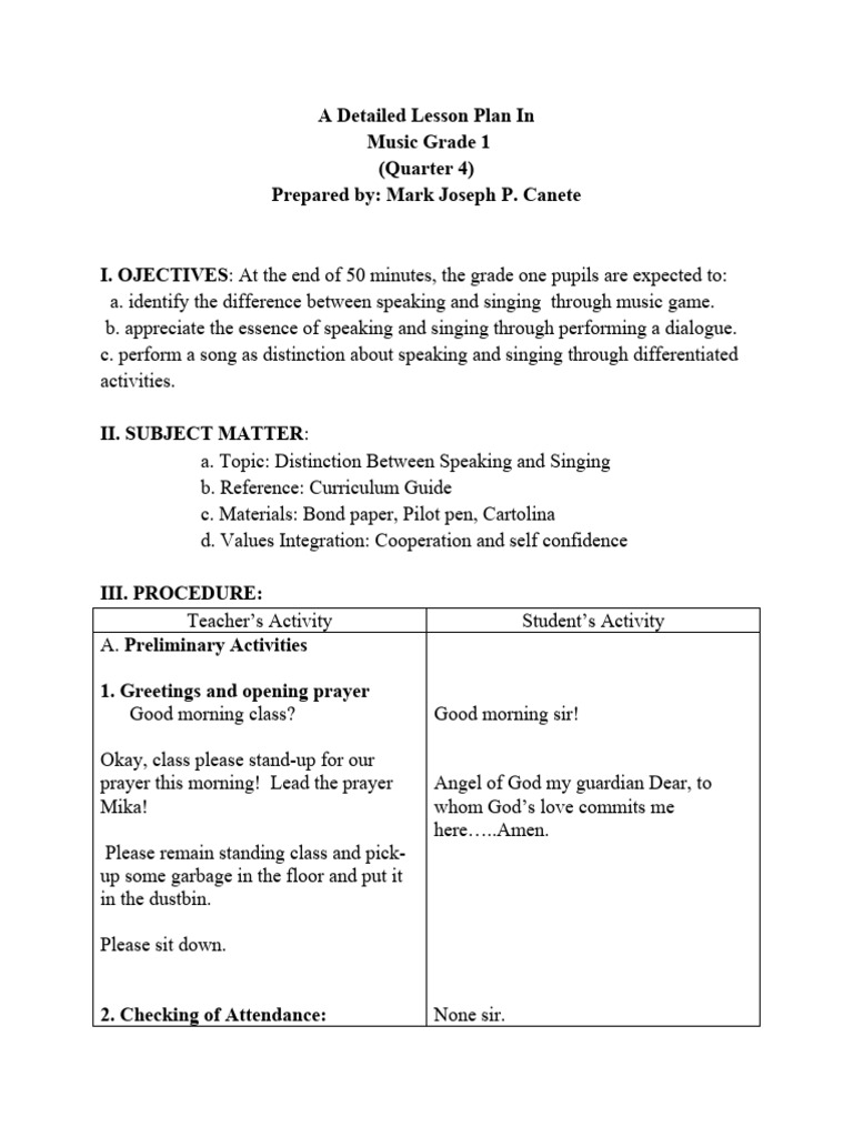 Grade 1 Music Lesson Plan: Singing vs. Speaking | PDF | Singing | Prayer