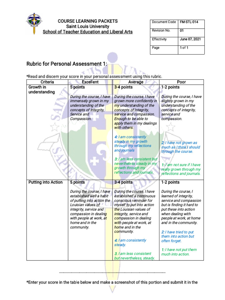 Personal Assessment Rubric Guide | PDF | Rubric (Academic) | Human ...