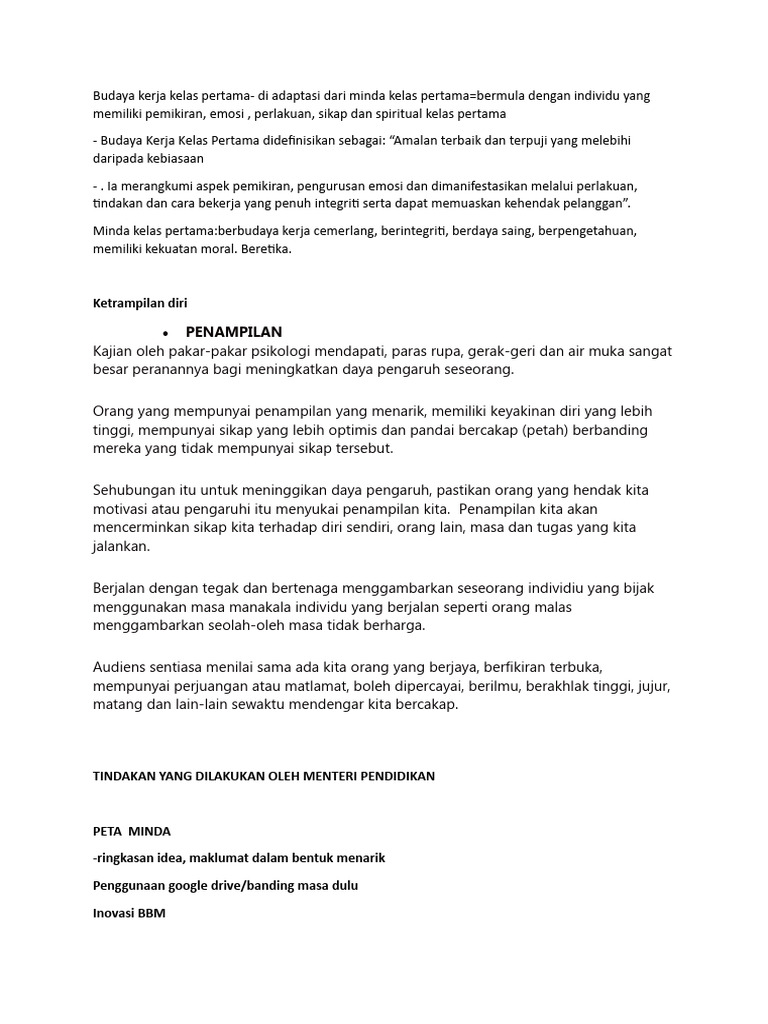 Budaya Kerja Kelas Pertama POINT UTK RABU | PDF | Karier & Perkembangan