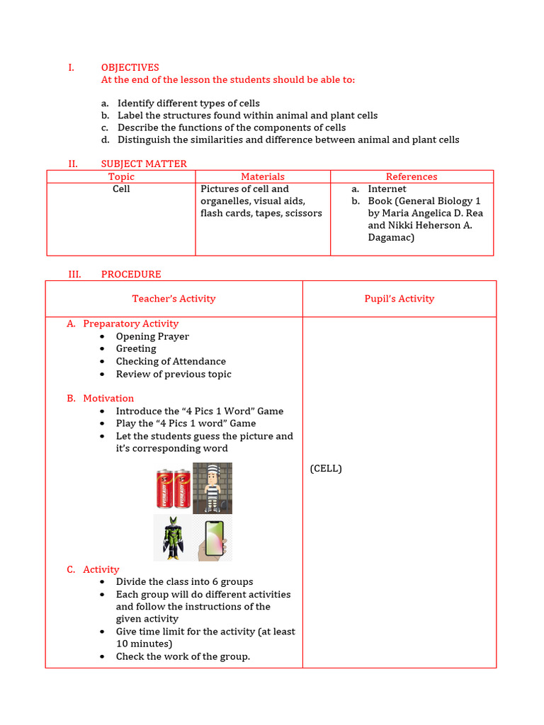 Cell (Lesson Plan) | PDF | Cell (Biology) | Endoplasmic Reticulum