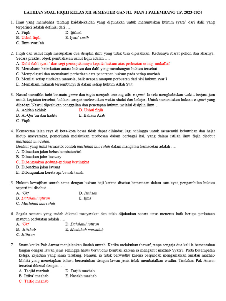 Latihan Soal Fiqih Kelas Xii Semester Ganjil Man 1 Palembang TP-1 | PDF