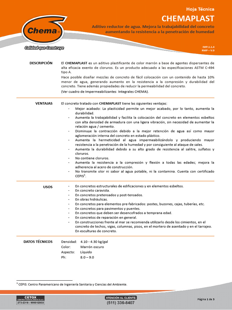 Aditivo CHEMAPLAST para Concreto | PDF | Hormigón | Materiales