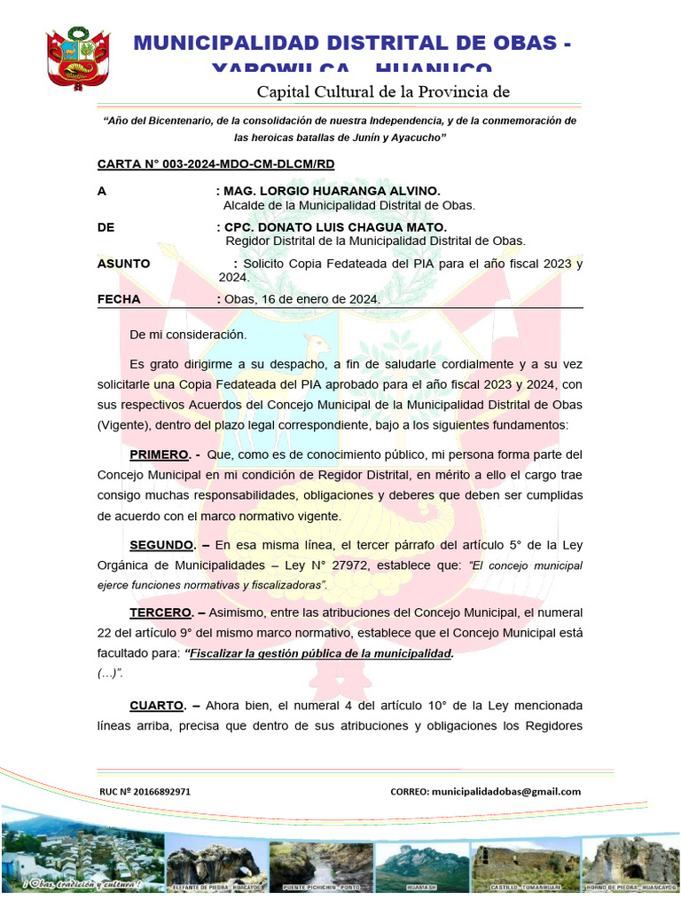 Carta #003-2024 - Solicitud Del Pia | PDF | Gobierno local | Alcalde
