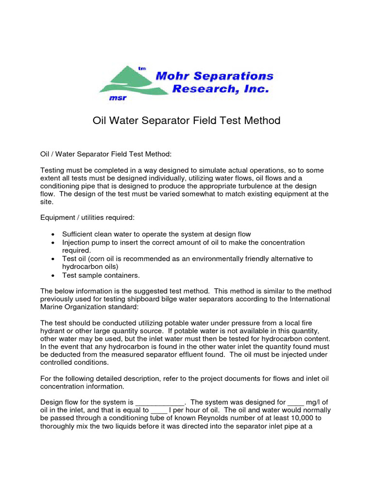 Oil Water Separator Field Test Method | PDF