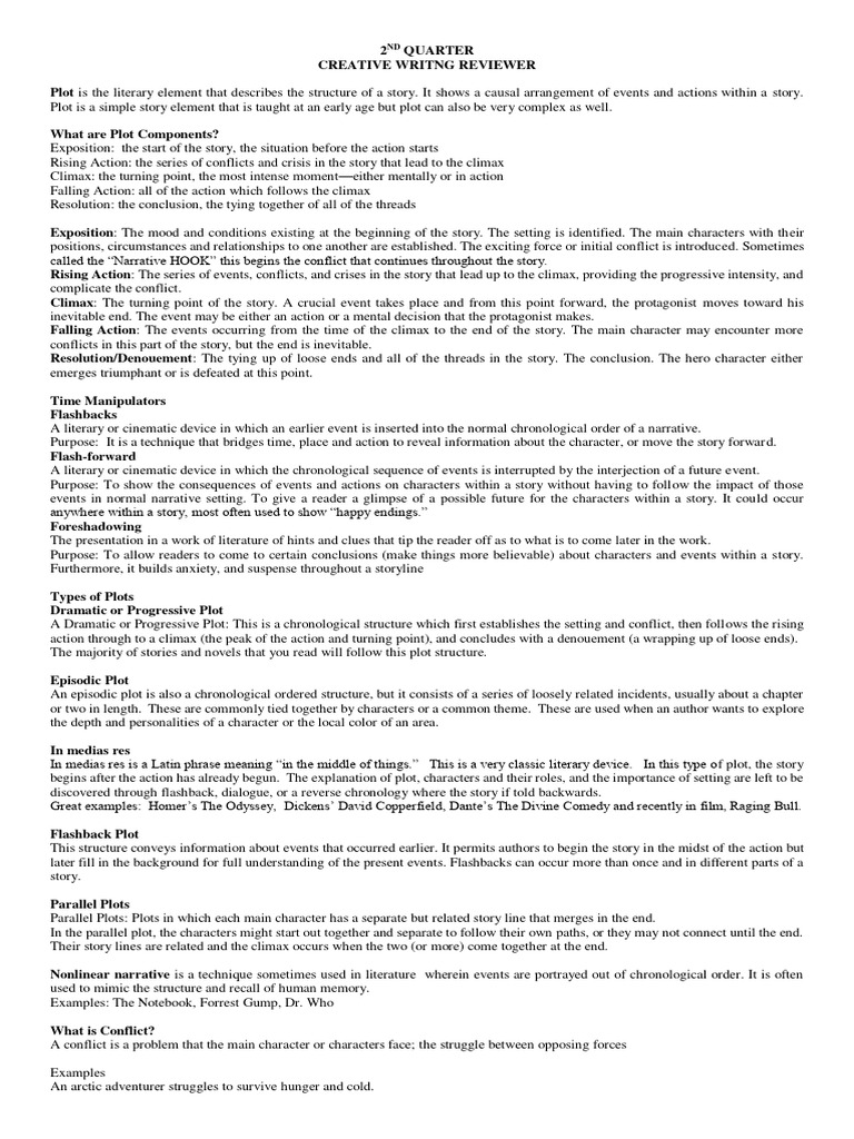 Creative Writing Reviewer 2ND Q | PDF | Plot (Narrative) | Play (Theatre)