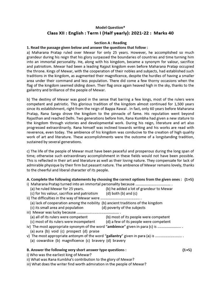 Class XII English Exam Paper 2021-22 | PDF | Young Adult | General Fiction